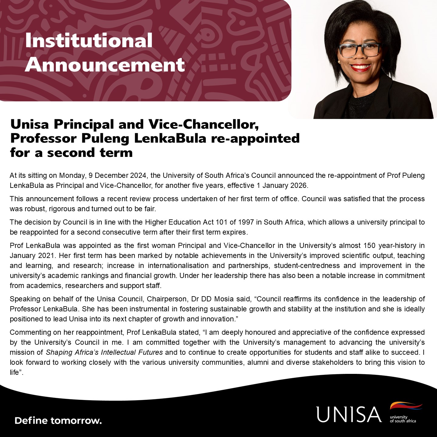 Unisa Principal and Vice-Chancellor, Professor Puleng LenkaBula re-appointed for a second term.